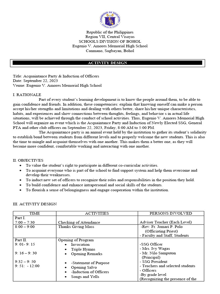 ACQUAINTANCE PARTY ACTIVITY DESIGN sy 2023-2024 | PDF | Psychological ...