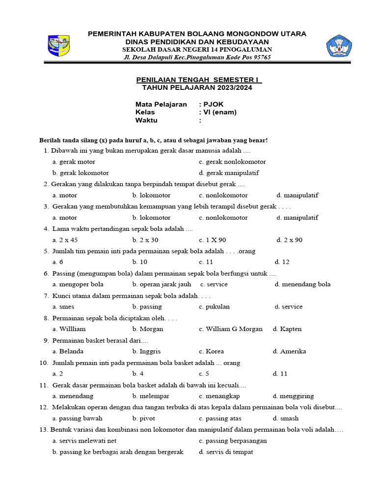 PTS PJOK Kelas 6 Semester 1 | PDF