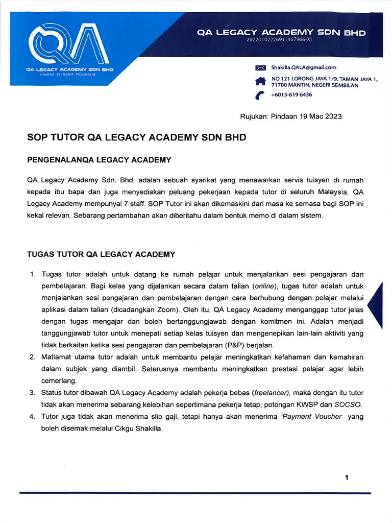 Sop Qa Legacy Academy SDN BHD | PDF