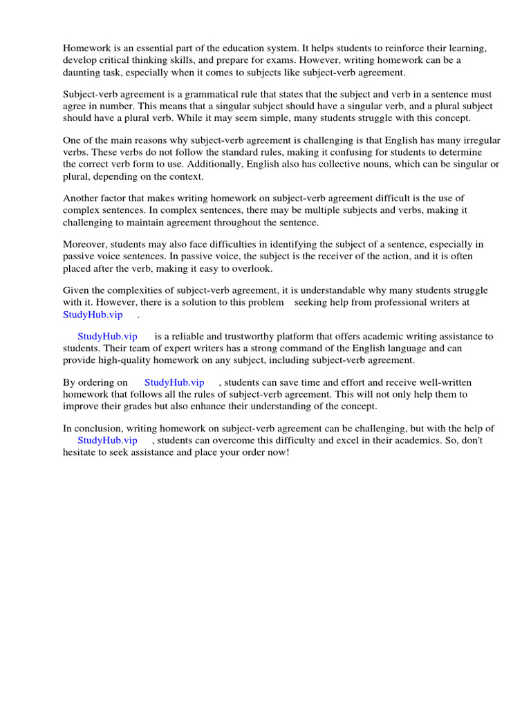 Homework Subject Verb Agreement | PDF | Subject (Grammar) | Grammatical ...