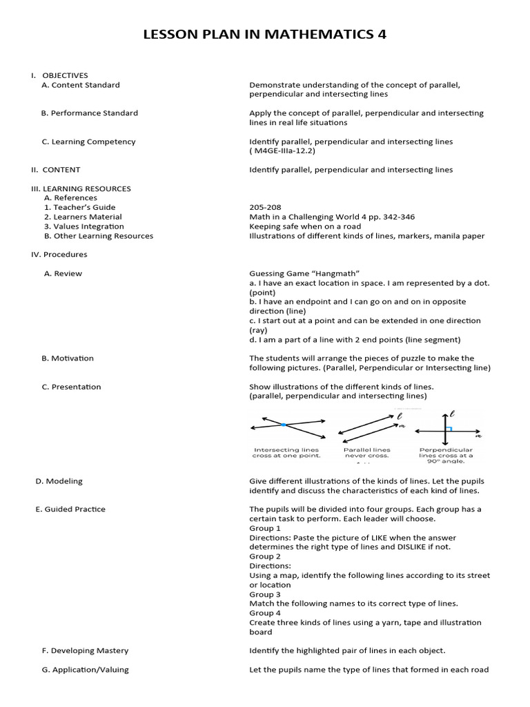 Lesson Plan in Mathematics 4 | PDF | Learning | Perpendicular