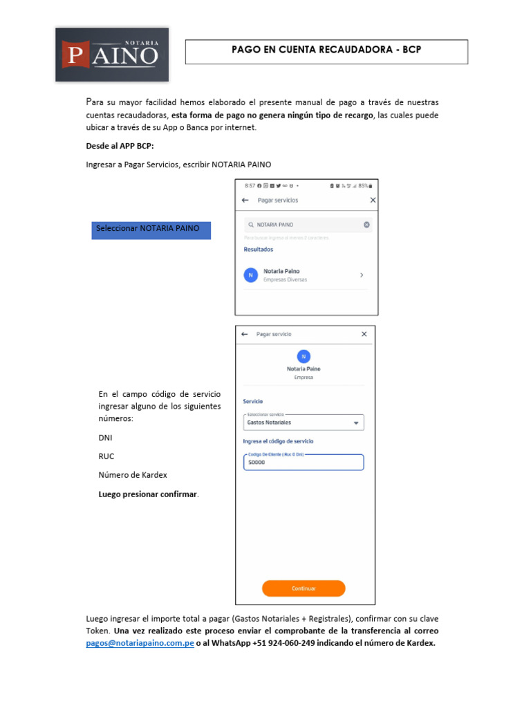 Guía de Pago a Notaría Paino por BCP | PDF