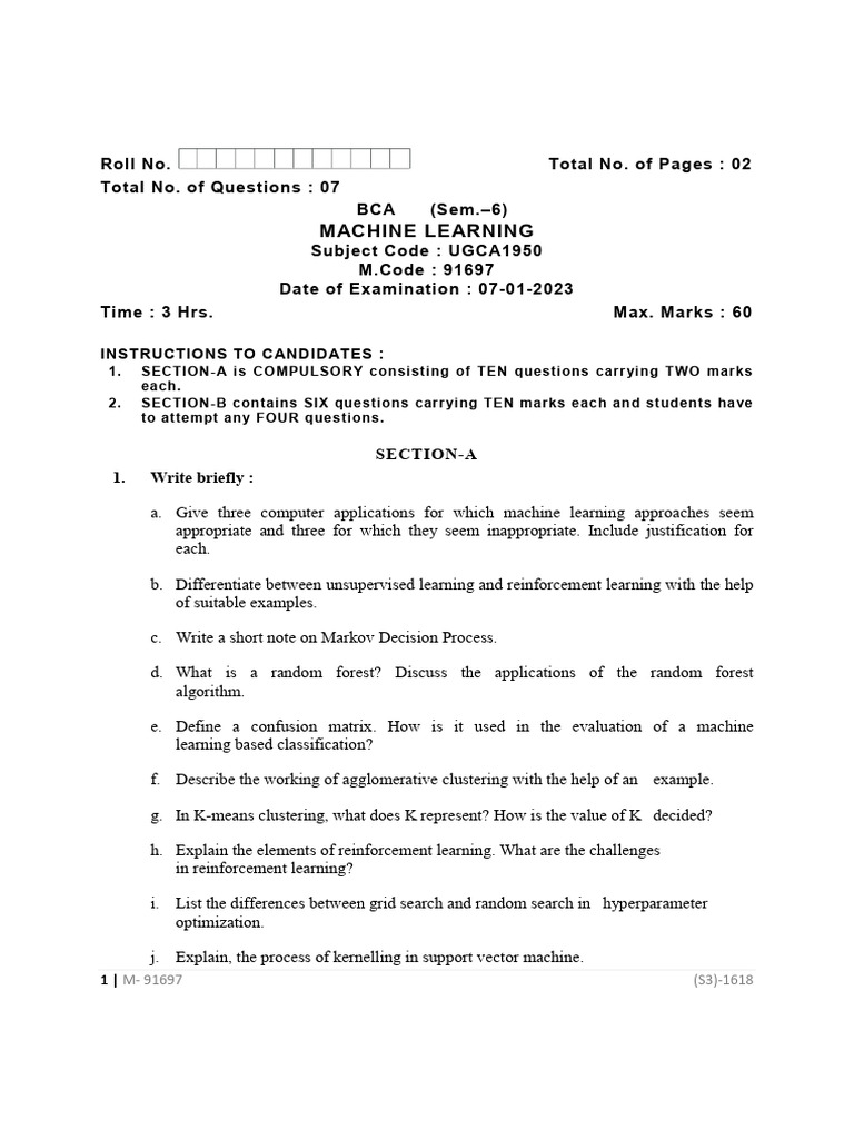 Bca 6 Sem Machine Learning 91697 Jan 2023 | PDF | Cluster Analysis ...
