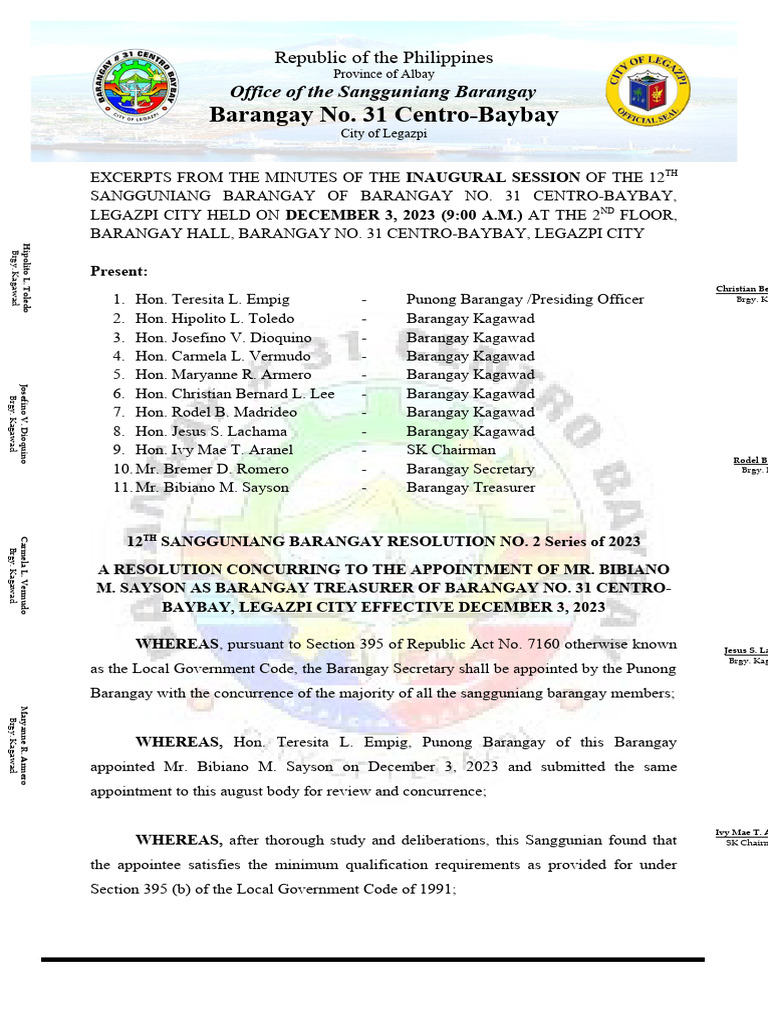 Resolution for Barangay Treasurer Appointment | PDF | Justice | Crime ...