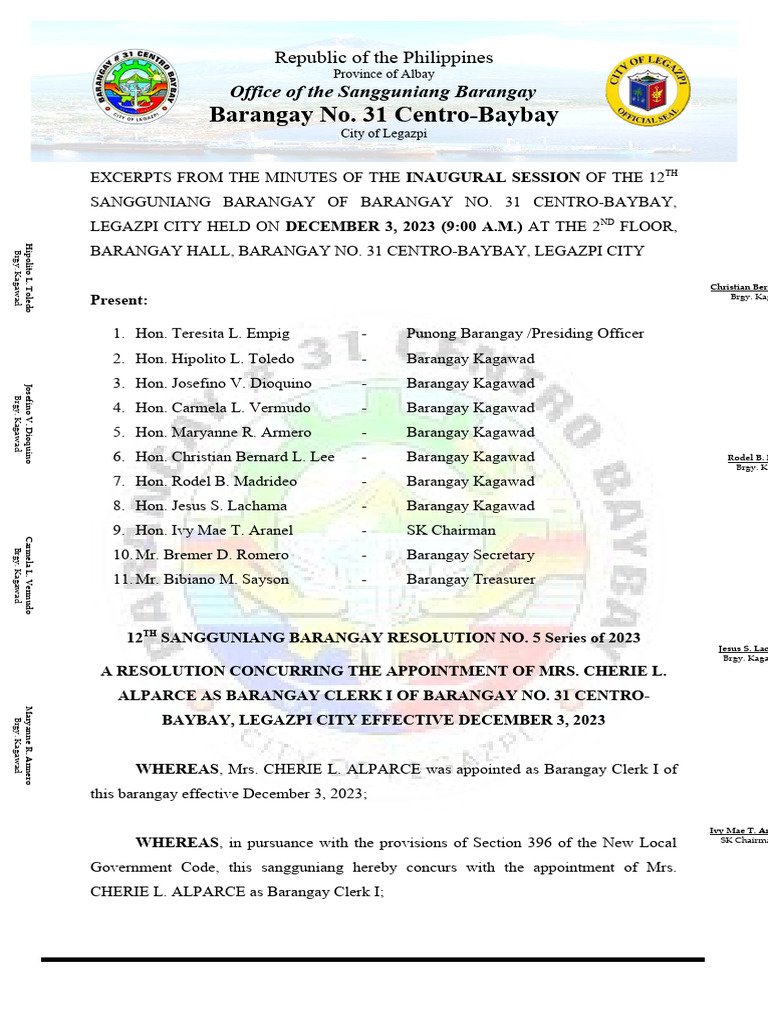 Reso 5 - Barangay Clerk I | PDF | Government