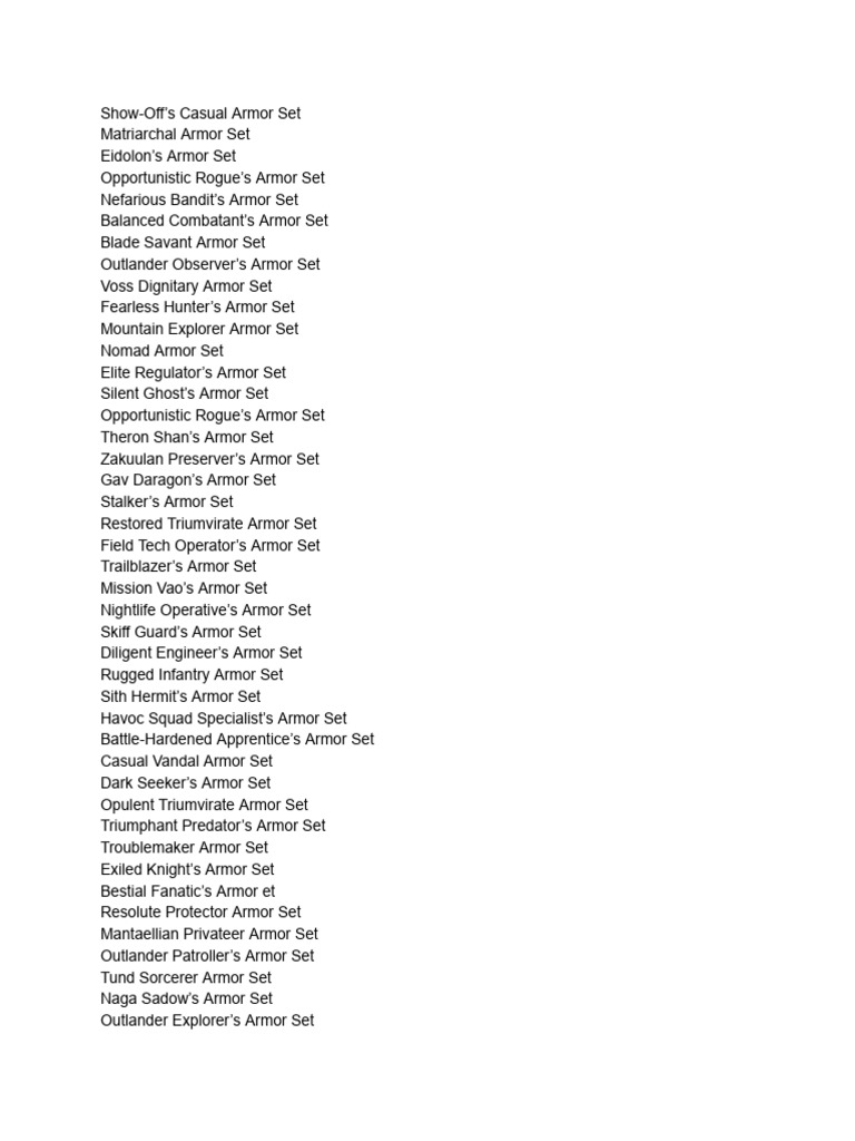 SWTOR ARmor Sets | PDF | Sith | Fictional Military Organizations