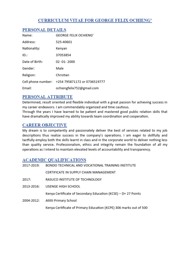 Curriculum Vitae For George Felix Ochieng | PDF | Supply Chain ...