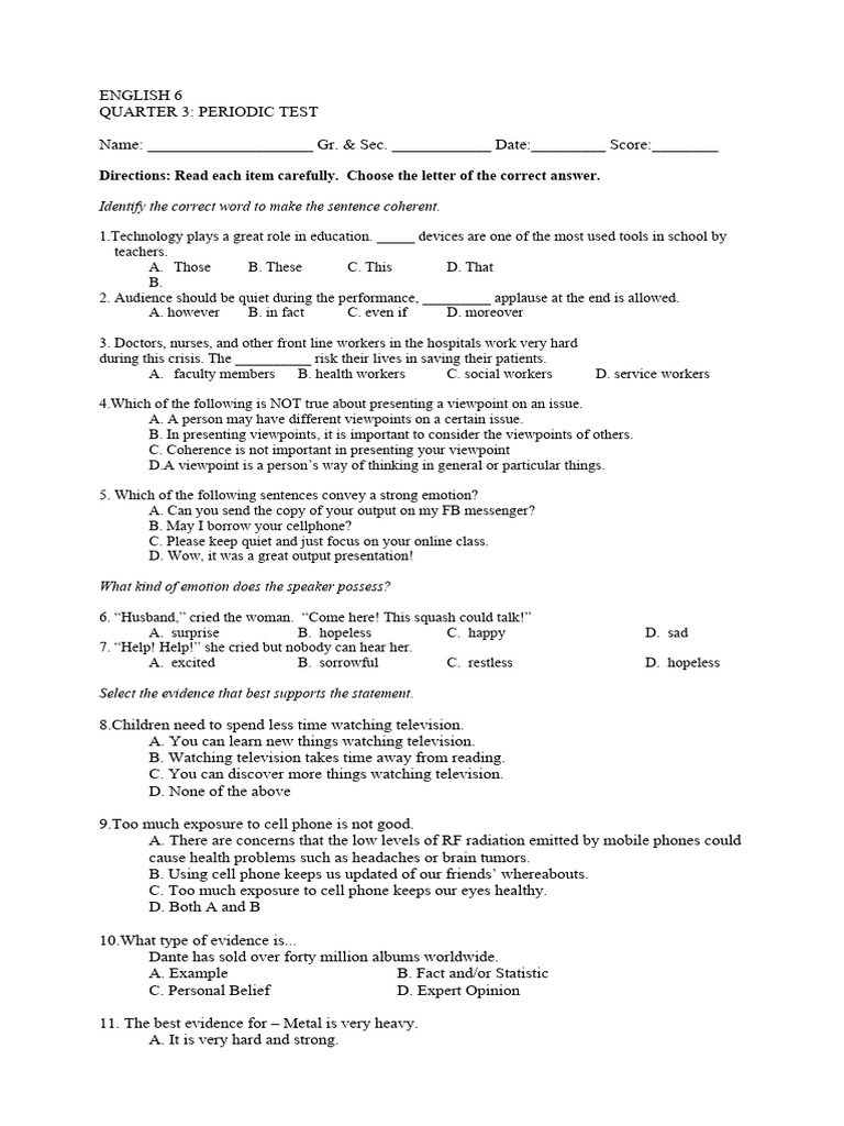 English 6 Quarter 3 Periodic Test | PDF | Language Arts & Discipline