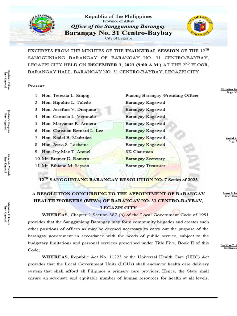 Reso 7 - Barangay Health Workers | PDF