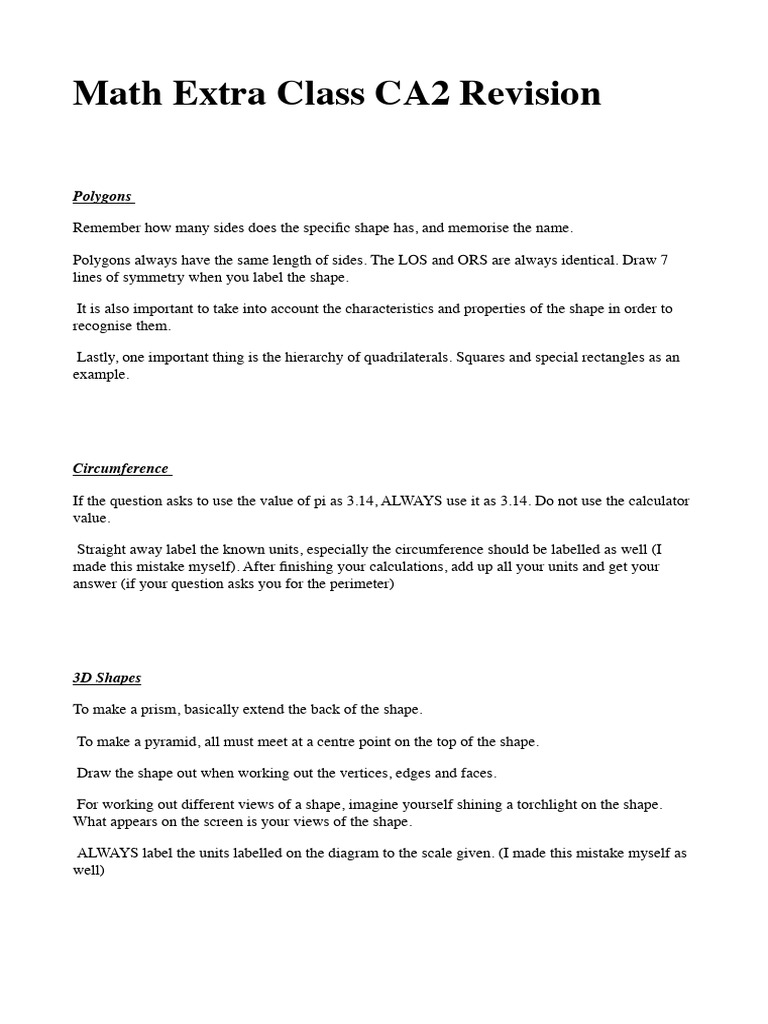 Math CA2 Class Revision Notes | PDF | Shape | Percentage