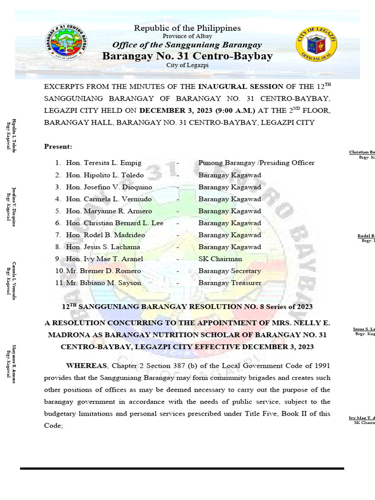 Reso 8 - Barangay Nutrition Scholar | PDF