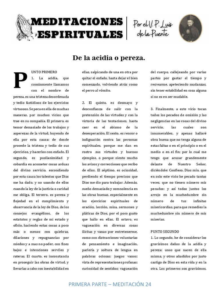 De La Acidia o Pereza.: Primera Parte - Meditación 24 | PDF | Dios | Pecado