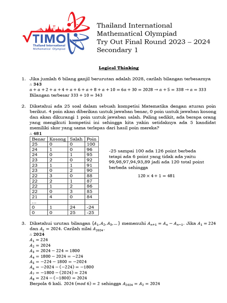 TIMO Final 2023-2024 S1 Try Out 2 Pembahasan | PDF