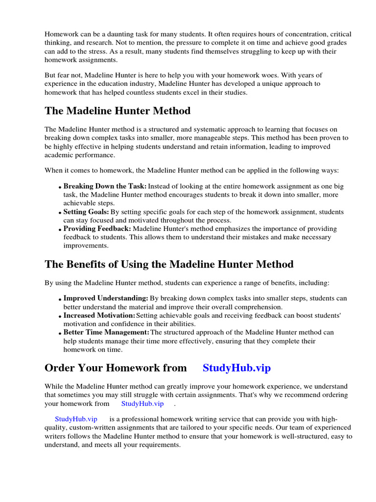 Madeline Hunter Homework | PDF | Lesson Plan | Homework
