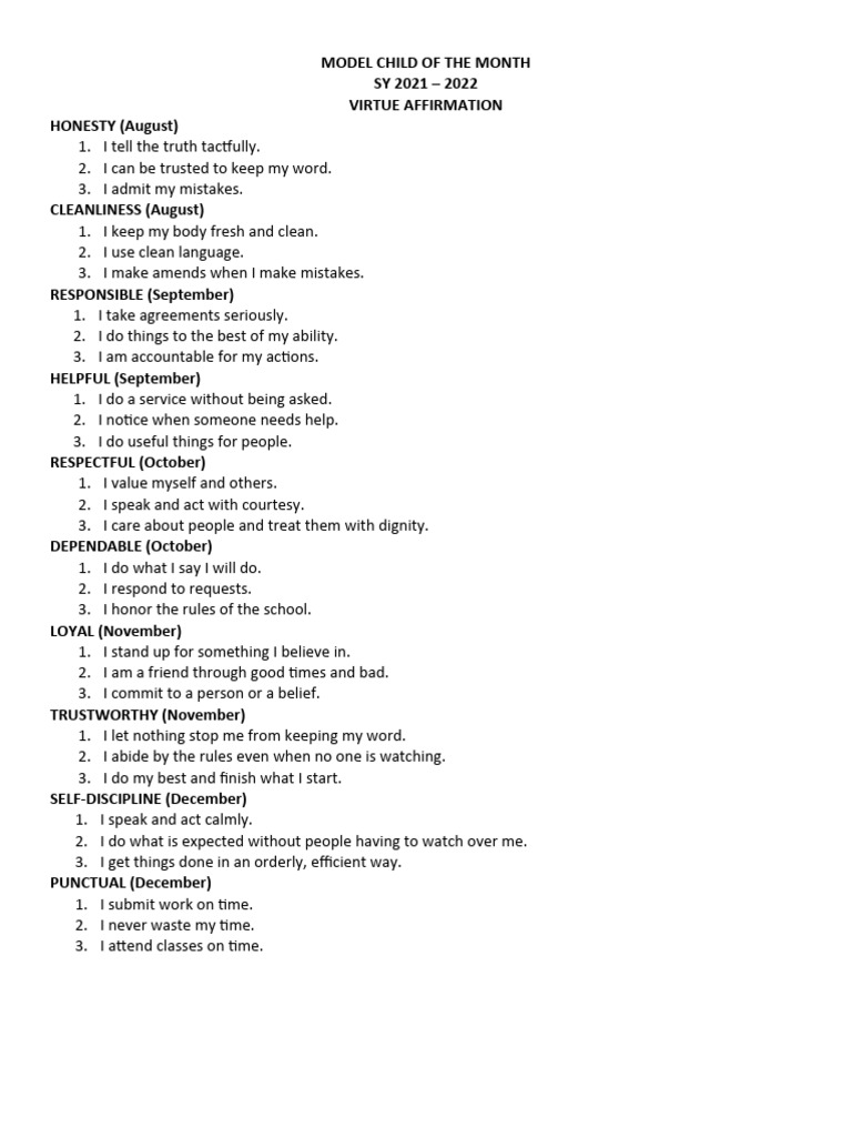 LIST-OF-VIRTUES-FOR-THE-YEAR-MODEL-CHILD-OF-THE-MONTH-edited-version | PDF