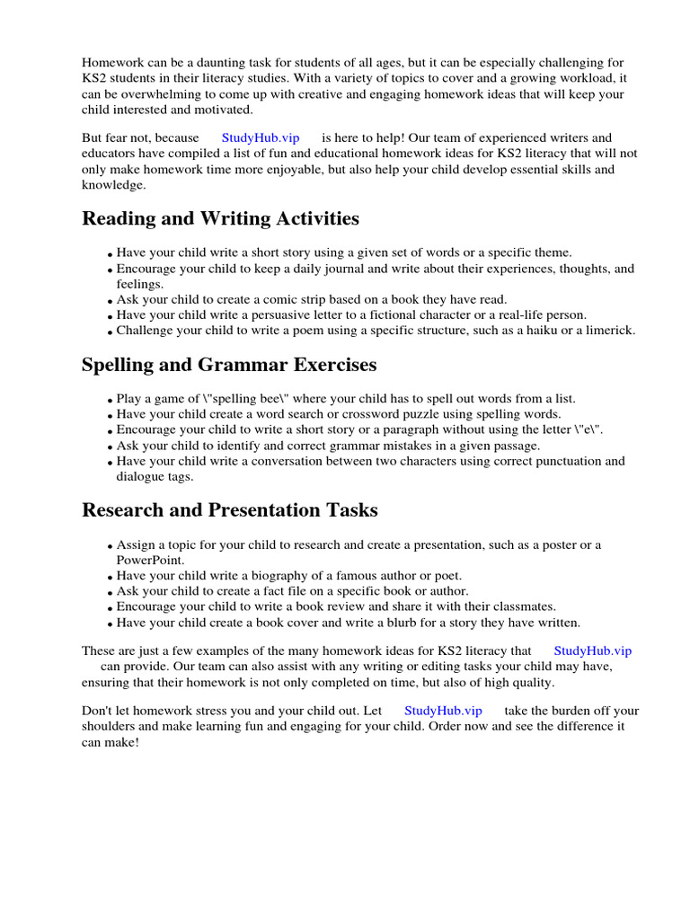 Creative KS2 Literacy Homework Ideas | PDF | Essays | Homework