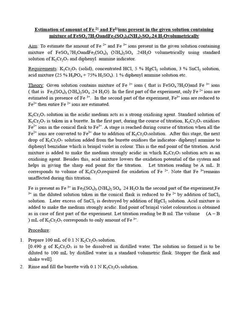 Estimation of Amount of Fe and Fe Ions Present in The Given Solution Containing Mixture of Feso ...