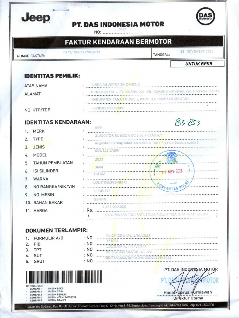 faktur kendaraan baru jeep | PDF
