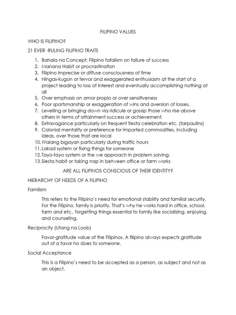 Key Filipino Values and Traits Explained | PDF | Self-Improvement