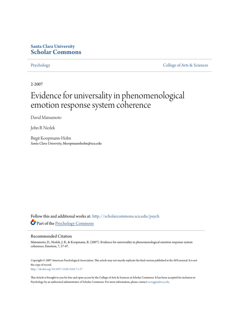 (A, 2007) - Evidence For Universality in Phenomenological Emotion ...