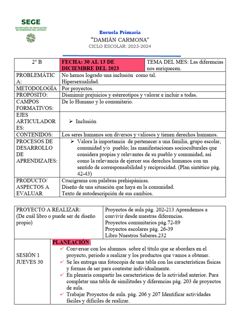 PROYECTO Aprendemos A Convivir Desde Nuestras Diferencias. | PDF