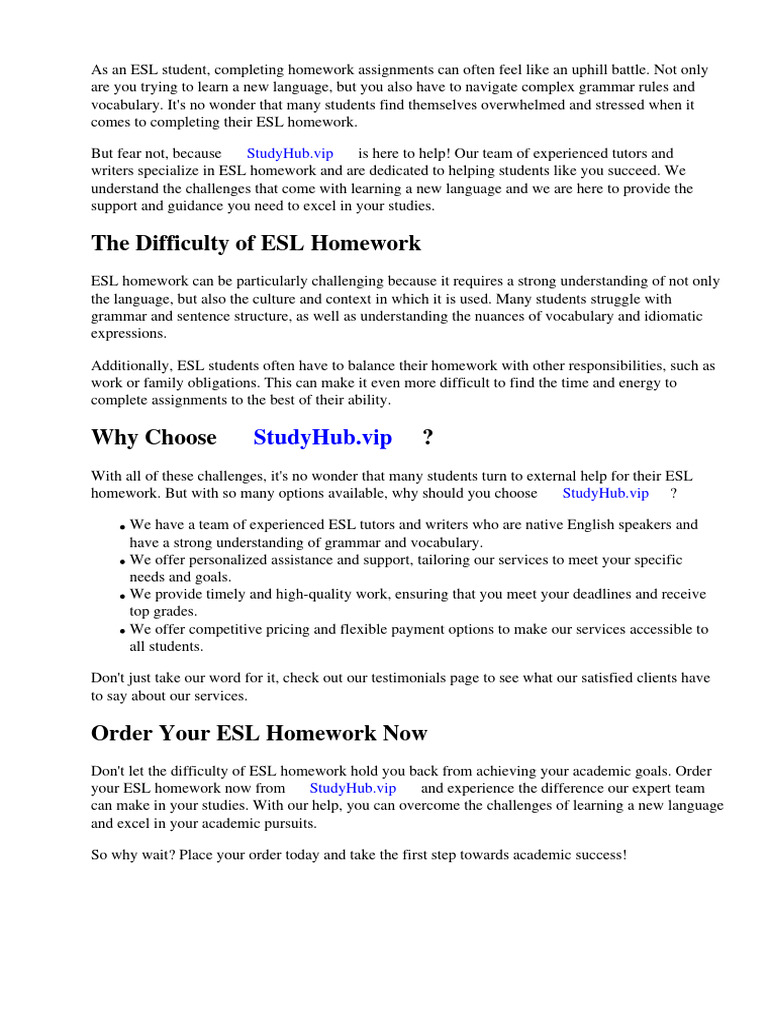 Esl Homework Worksheet | Download Free PDF | English As A Second Or ...