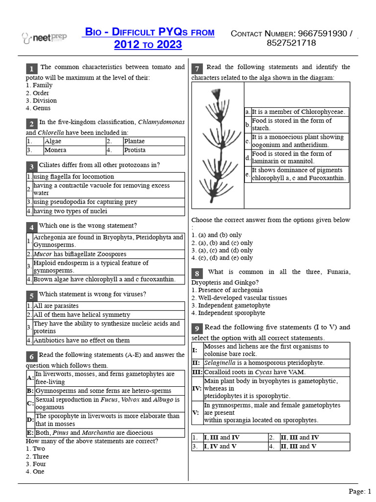 Bio - Difficult PYQs From 2012 To 2023 | PDF | Anatomy | Cell Biology