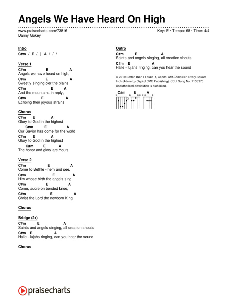 Angels We Have Heard On High (Danny Gokey) Chord Chart - E - 2 Column ...