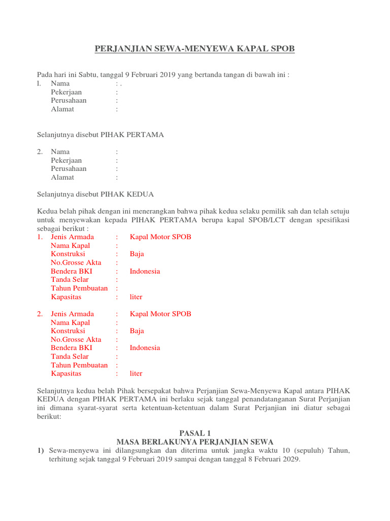 DRAFT Perjanjian Sewa Menyewa Kapal NP | PDF