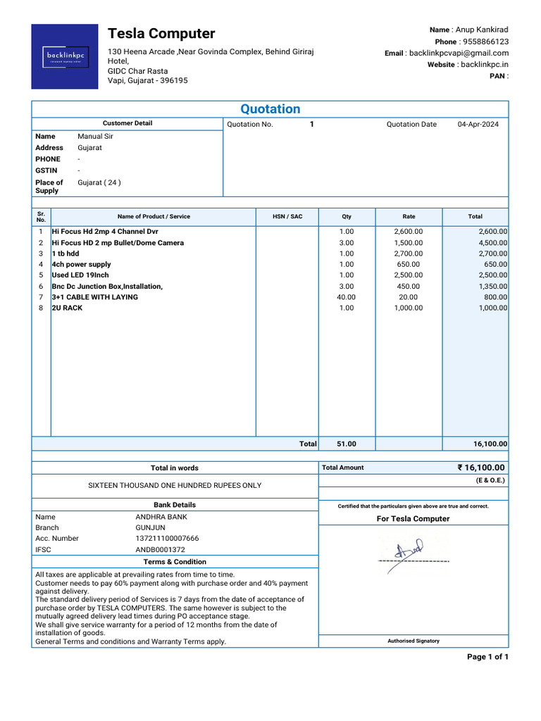 Quotation - 1 Manual Sir 09 12 51 | PDF