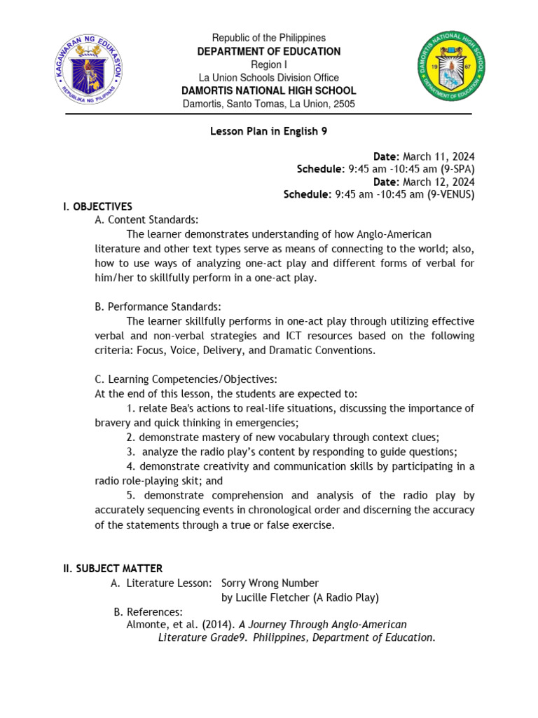 English 9 Lesson Plan: Radio Play Analysis | PDF | Language Arts ...