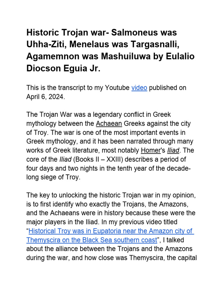 Historic Trojan War - Salmoneus Was Uhha-Ziti, Menelaus Was Targasnalli ...