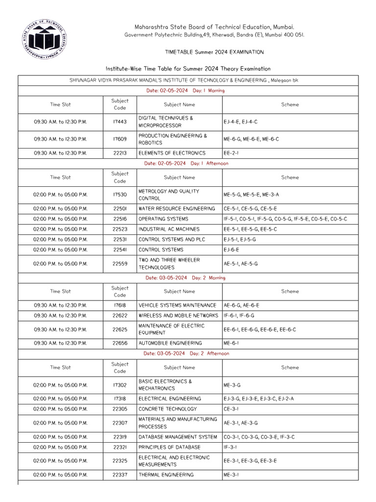 Summer 2024 Exam Timetable | PDF | Engineering | Electrical Engineering
