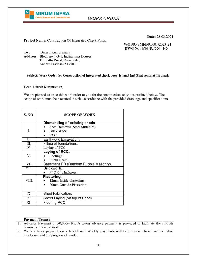 Work Order for Integrated Check Posts | PDF