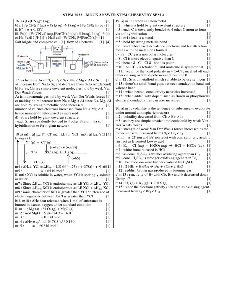 STPM 2022 Chemistry Sem 2 Mock Answers | PDF | Chemical Bond | Ionic Bonding