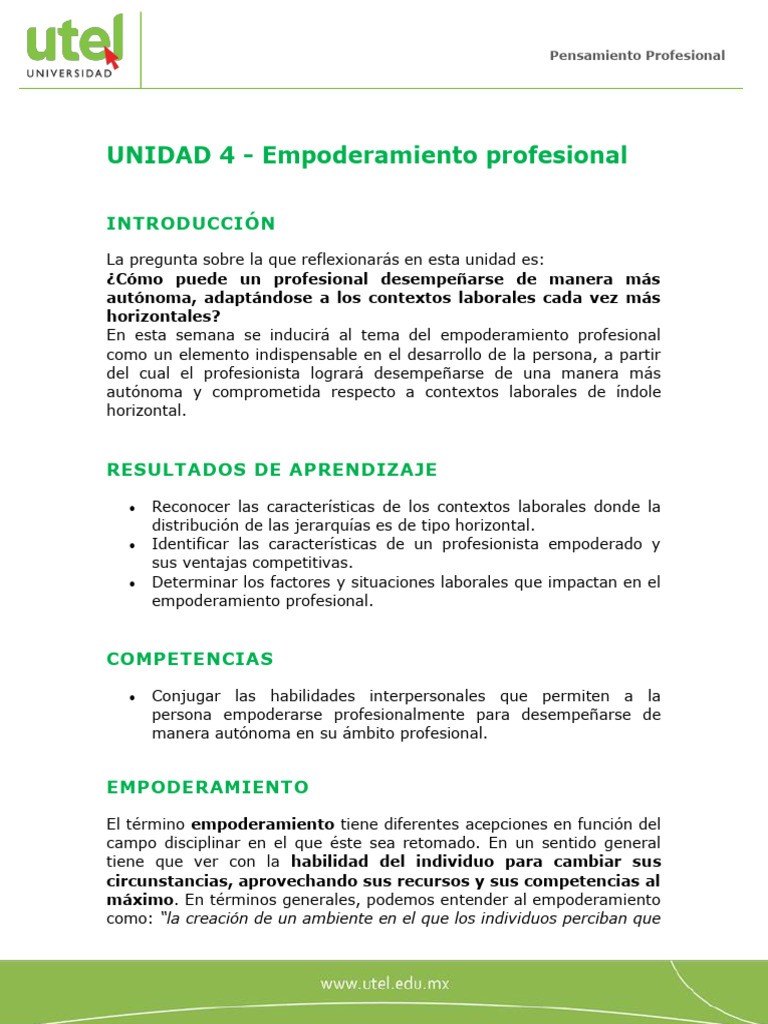 Unidad 4 - Empoderamiento Profesional | PDF | Empoderamiento | Liderazgo