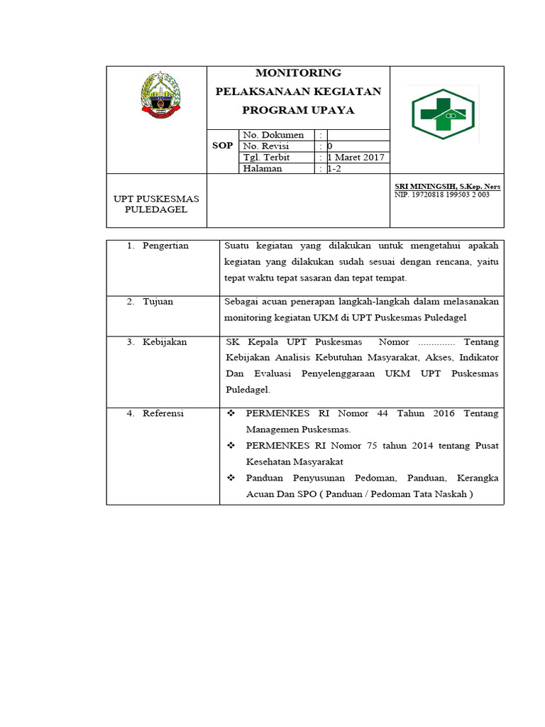 Sop Monitoring Pelaksanaan Kegiatan Program Upaya | PDF