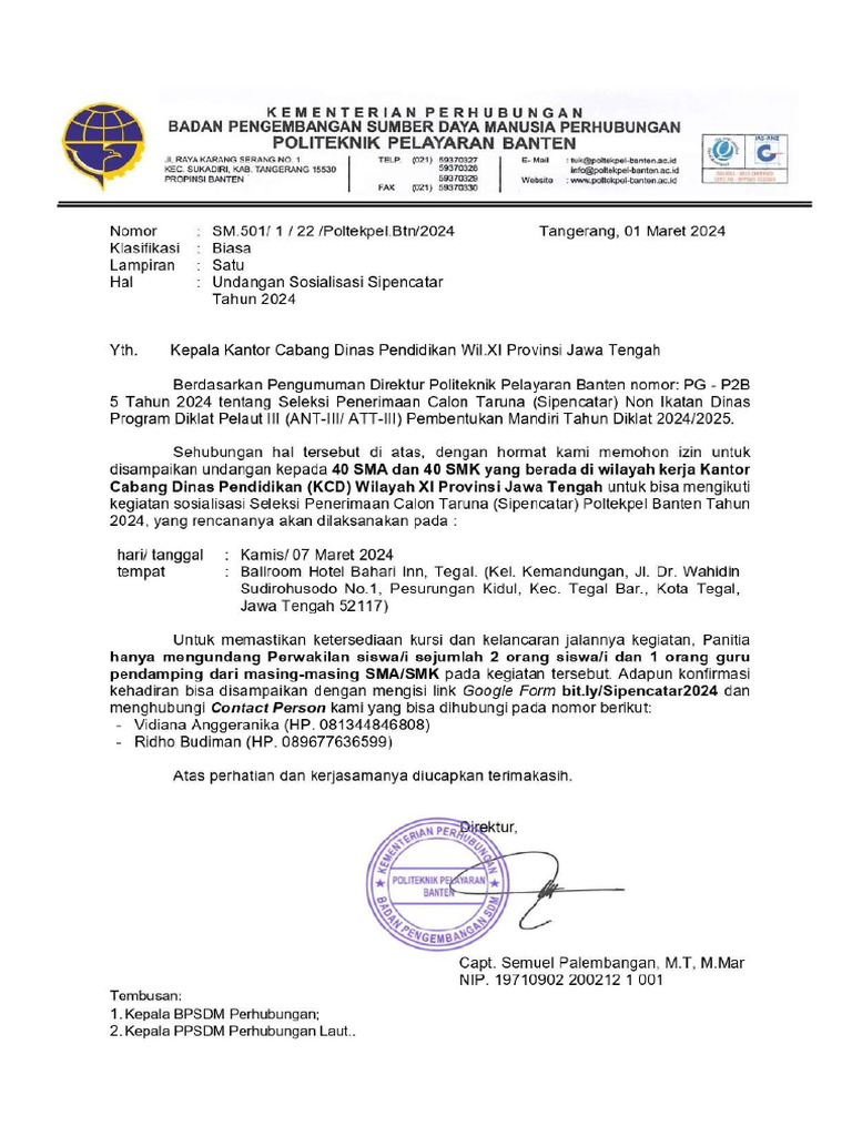 SM.501 - TEGAL - Undangan Sosialisasi Sipencatar Tegal 2024 | PDF