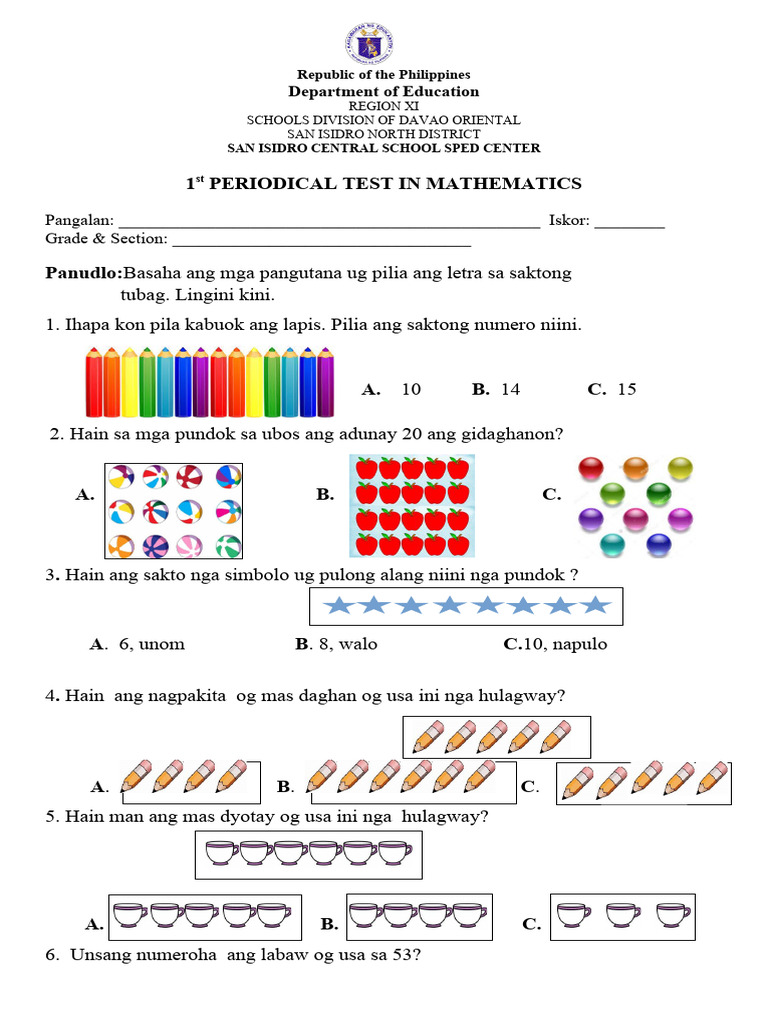 Math 1ST Periodical Test With Tos and Ak | PDF