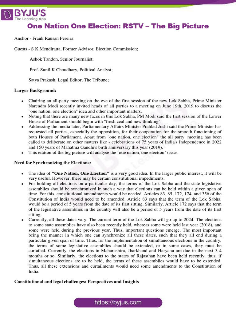 One Nation, One Election Explained | PDF | Government Of India | Governance