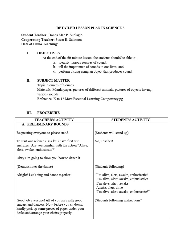DETAILED LESSON PLAN IN SCIENCE 3 | PDF | Sound | Lesson Plan