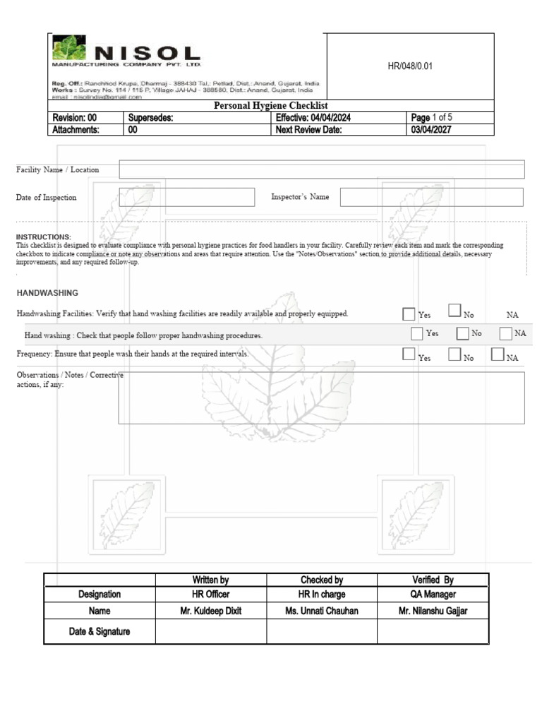 Personal Hygiene Checklist | Download Free PDF | Hand Washing ...