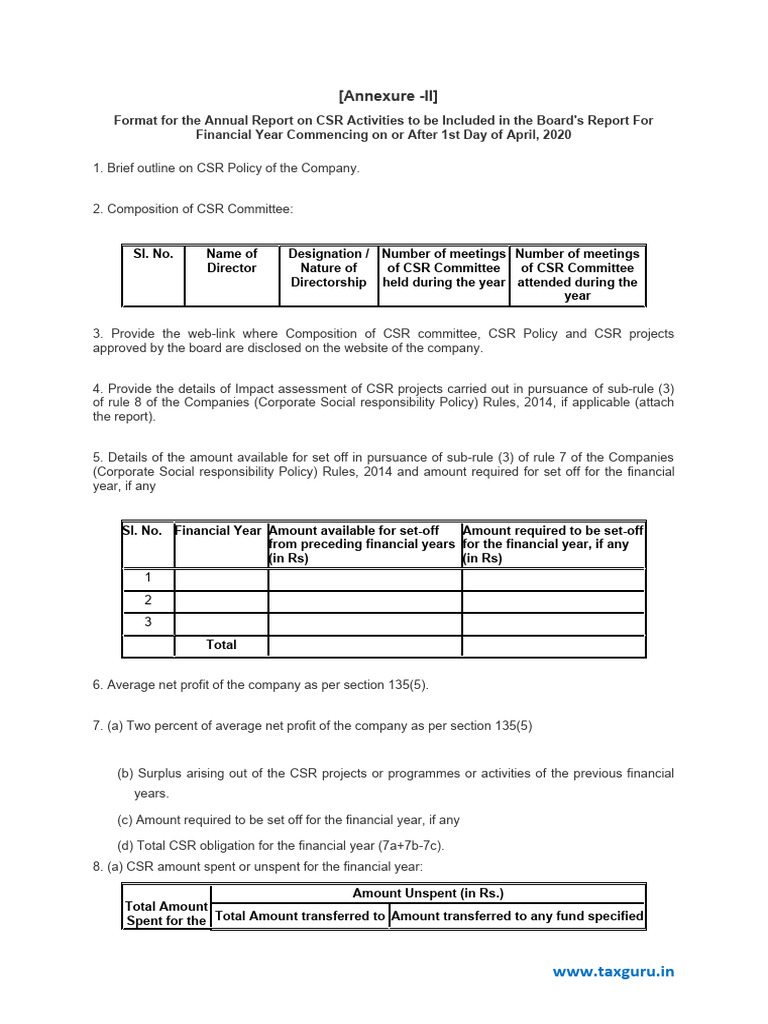 Format For The Annual Report On CSR | PDF | Corporate Social ...