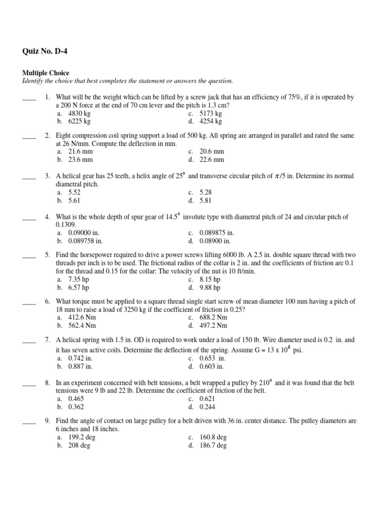 Mech 322 Quiz No. D 4 | PDF | Gear | Belt (Mechanical)