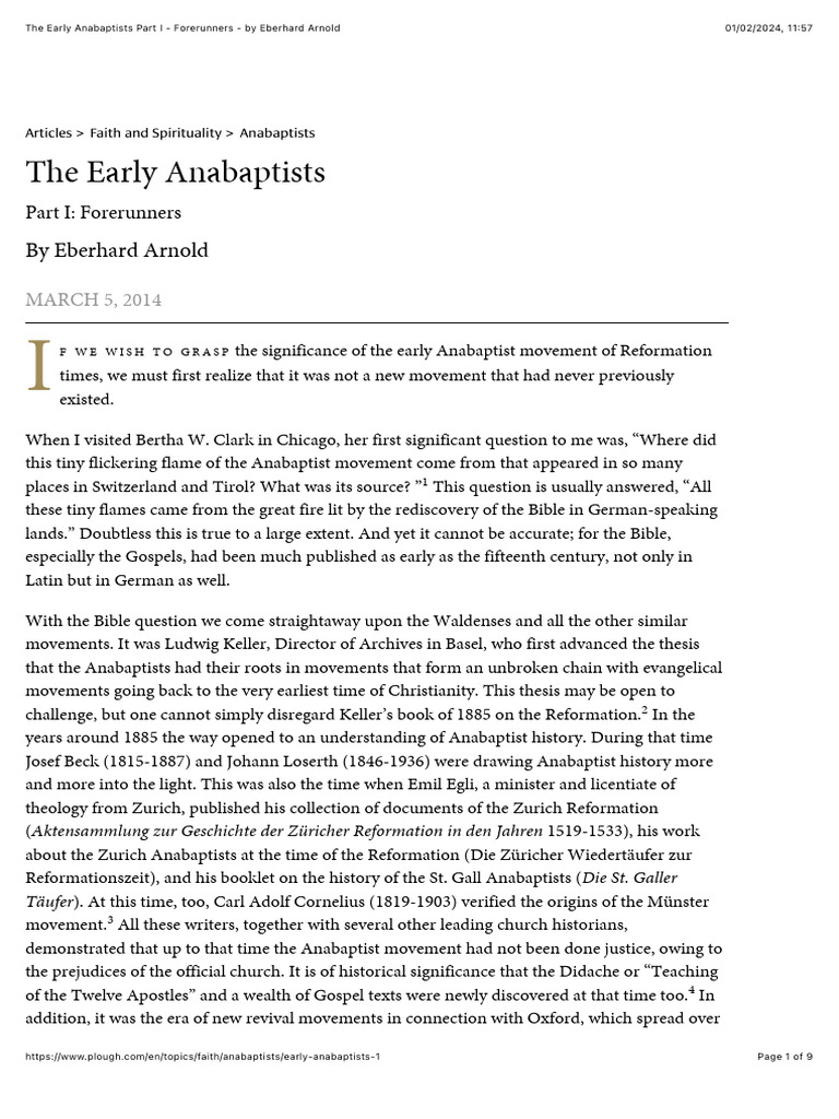 The Early Anabaptists Part I - Forerunners - by Eberhard Arnold | PDF ...