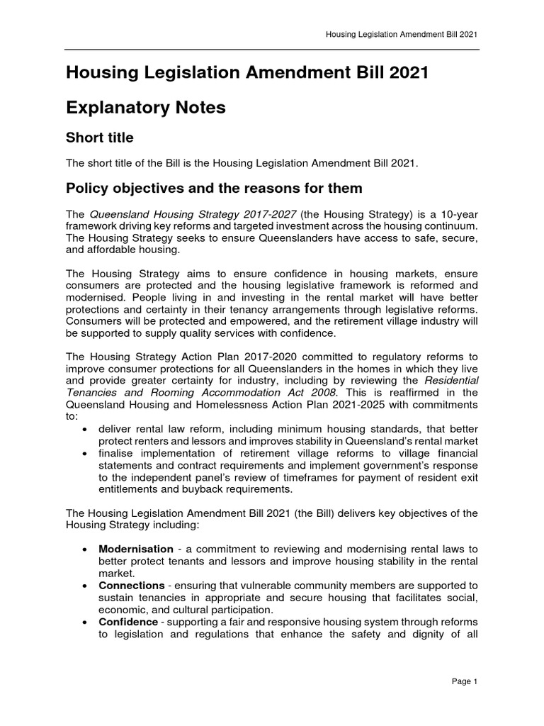 Housing Legislation Amendment Bill 2021 Explanatory Notes: Short Title ...