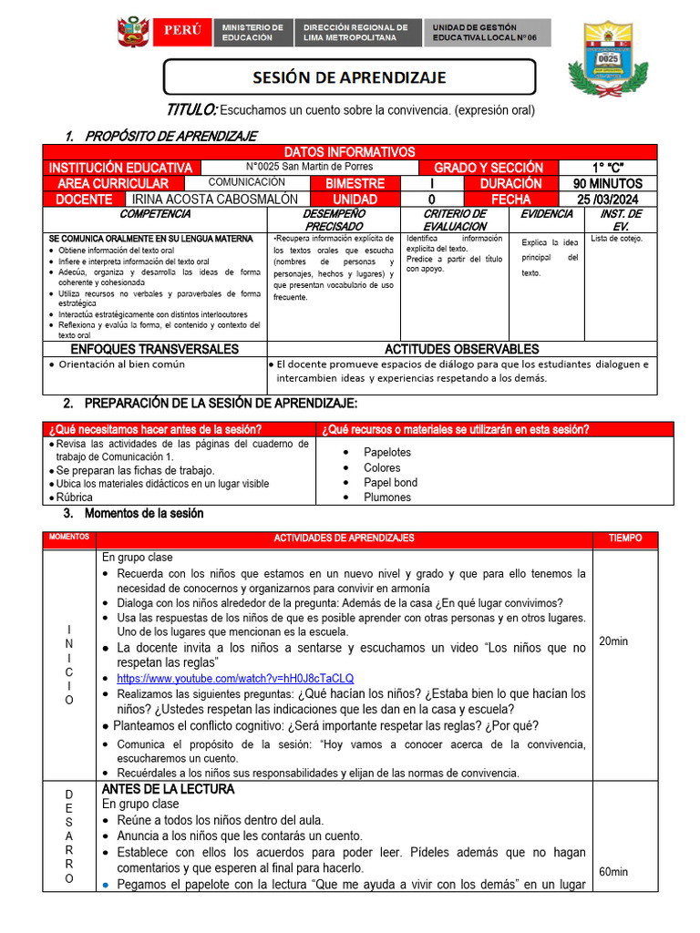 Escuchamos Un Cuento Sobre La Convivencia COMUNICACION | PDF | Evaluación | Aprendizaje