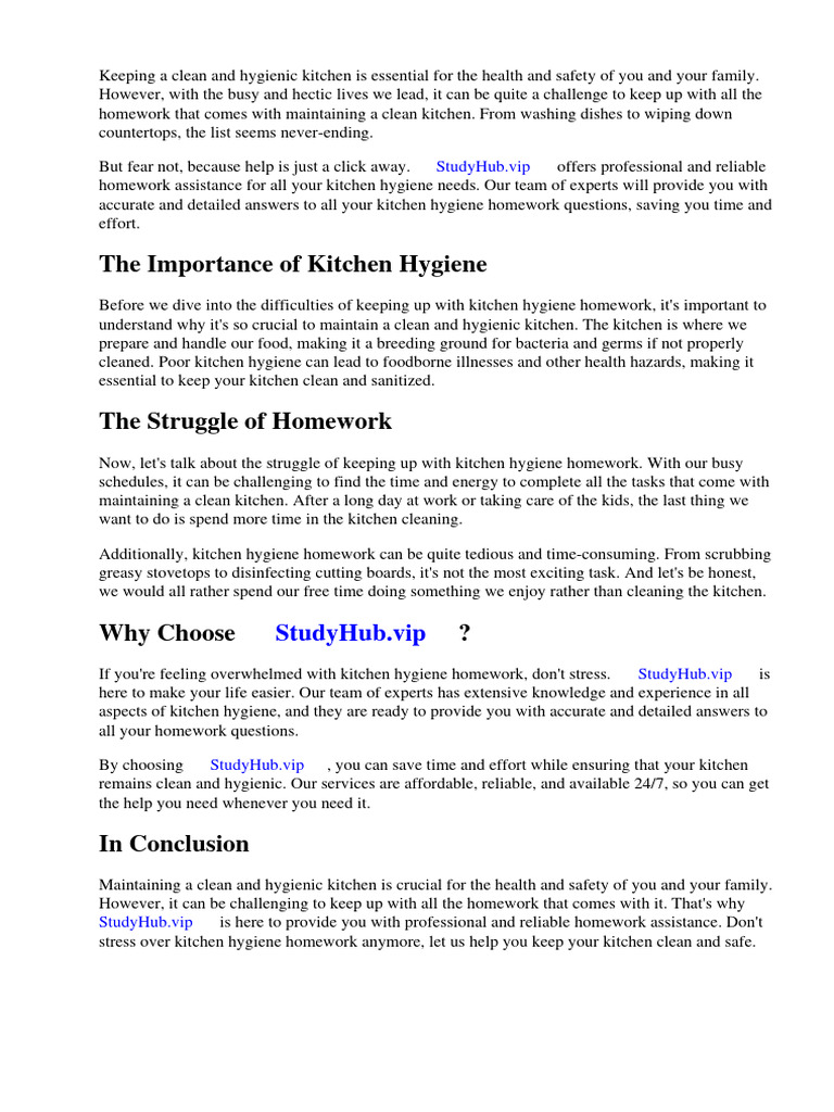 Kitchen Hygiene Homework Help | PDF | Hygiene | Food Safety