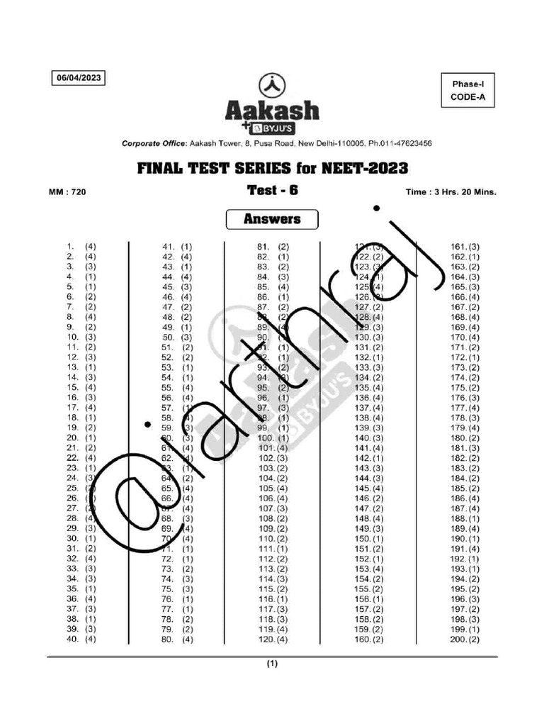 FTS - 6 (Code A) - Solutions+ Key - @aakash - Test - Papers - 2023 | PDF