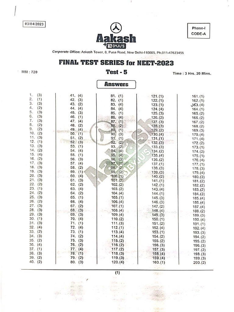 FTS Test 5 Code A NEET Test Series Answer Key With Solution 03 Apr | PDF